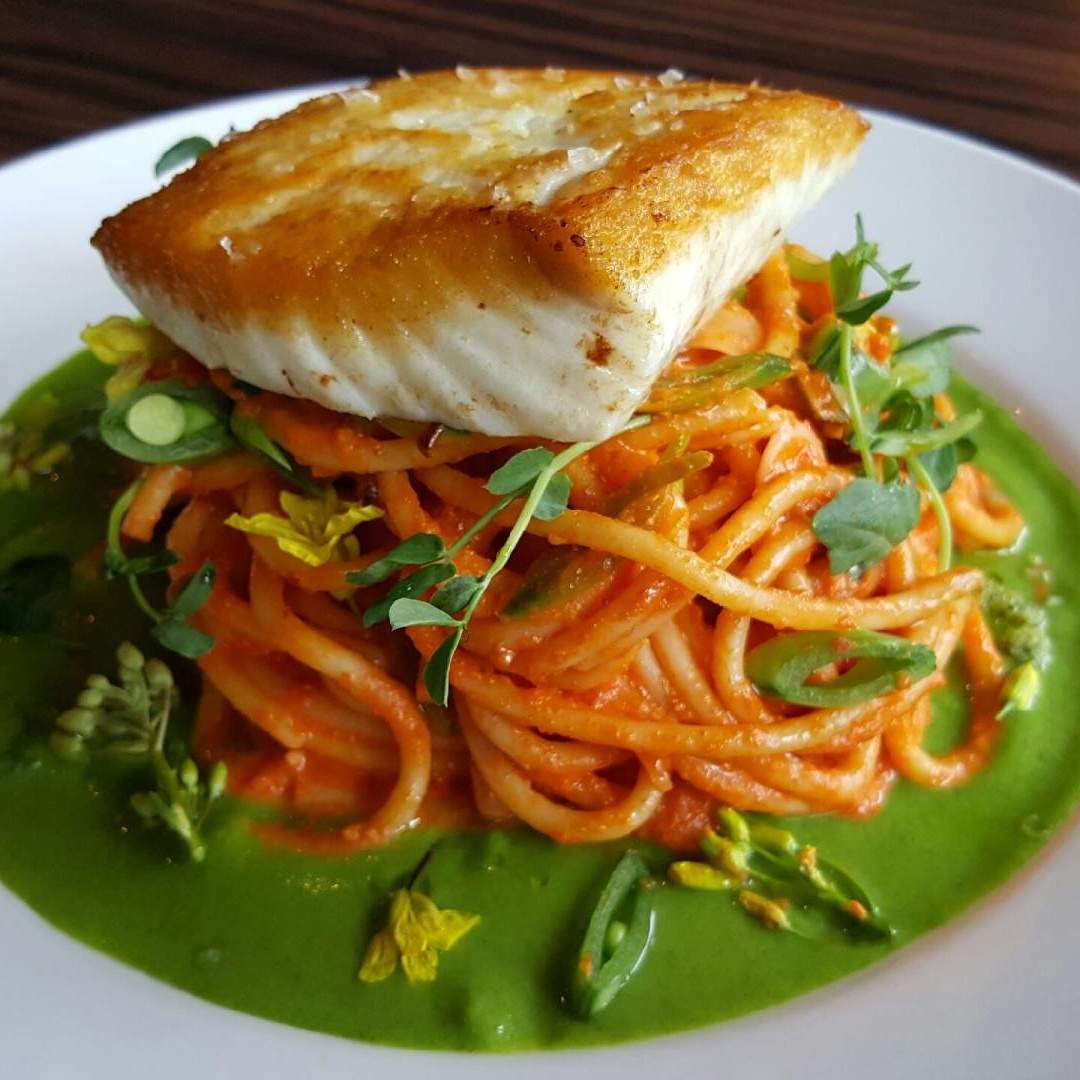 Charlie’s Little Italian bucatini Romesco with Haida Gwaii halibut ...