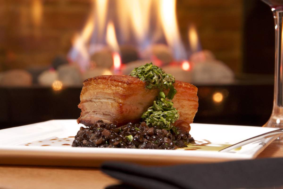 Crispy pork belly with red wine lentils and salsa verde | Eat North